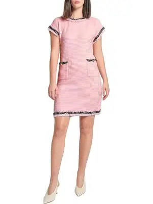 Ming Wang Modern Fit Fringe Trim Tweed Dress - Rose/ White