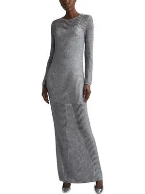 St. John Sequin Mesh Knit Gown - Silver