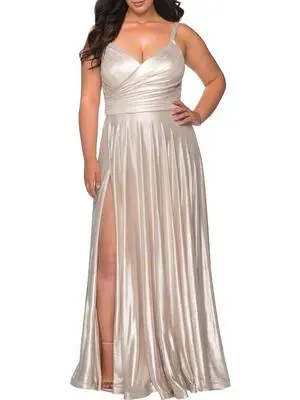 La Femme Metallic Jersey Gown - Silver