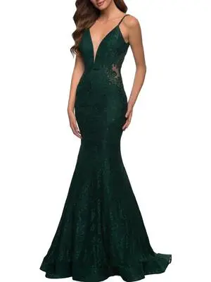 LABOMME Long Mermaid Lace Dress - Emerald