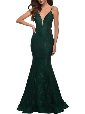 La Femme Long Mermaid Lace Dress - Emerald