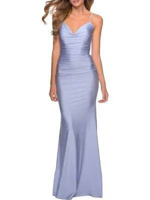 La Femme Form Fitting Jersey Gown - Light Periwinkle