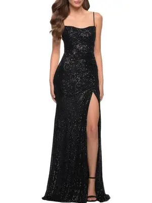 La Femme Sequin Gown With Lace-up Back - Black