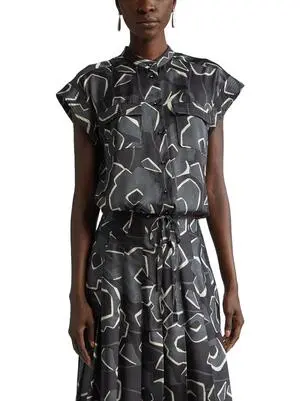St. John Cubist Floral Cap-sleeve Top - Black/shadow Multi