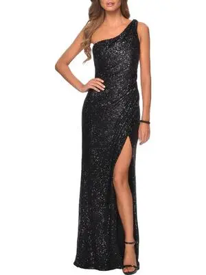 La Femme La Femme Sequin One Shoulder Gown Black