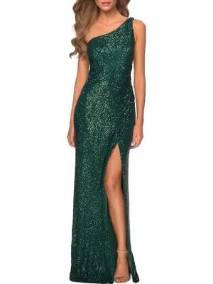 La Femme Sequin One Shoulder Gown - Emerald