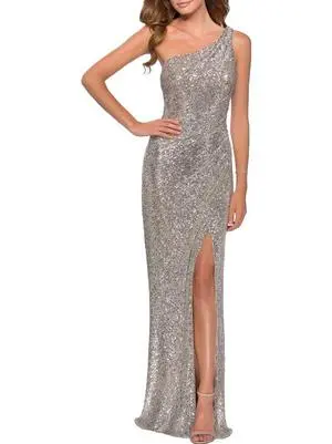 La Femme Sequin One Shoulder Gown - Silver