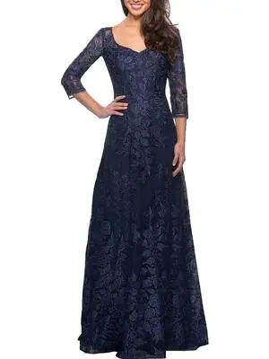 La Femme Long Lace A-line Three Quarter Sleeve Gown - Navy