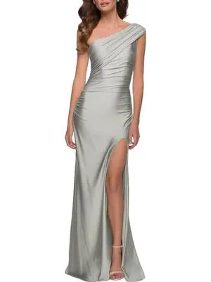 La Femme One-shoulder Ruched Jersey Gown - Silver