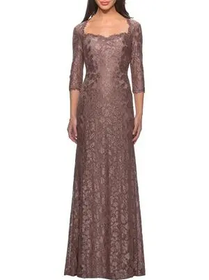 LABOMME Long Lace Gown With Sweetheart Neckline - Cocoa