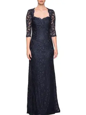 La Femme Long Lace Gown With Sweetheart Neckline - Navy