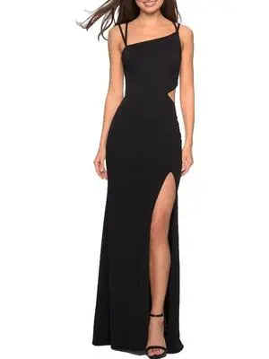 La Femme Asymmetrical Jersey Prom Dress - Black