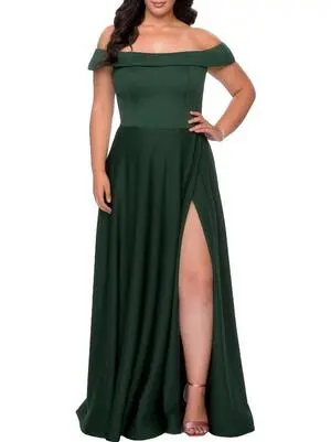 La Femme Off-the-shoulder Column Gown - Emerald