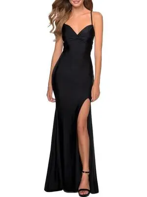 La Femme La Femme Form Fitting Jersey Gown Black