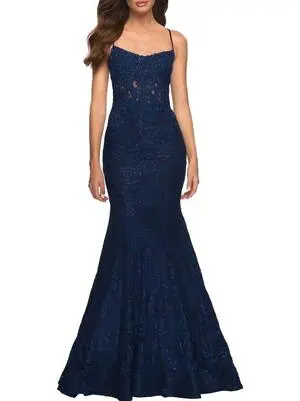 La Femme Mermaid Lace Gown With Sheer Bodice And Open Back - Navy