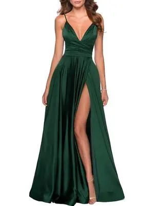 La Femme Long Satin Gown With Slit - Emerald