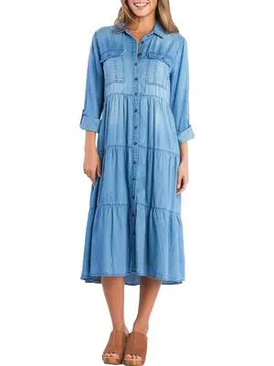 BILLY T Dream Catching Long Sleeve Midi Shirt Dress - Lt. Vintage Denim