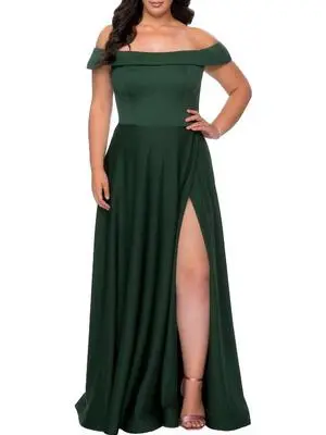 La Femme Off-the-shoulder Column Gown - Emerald