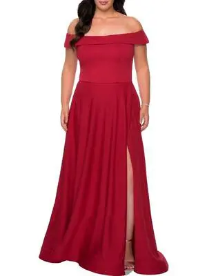 La Femme Off-the-shoulder Column Gown - Red