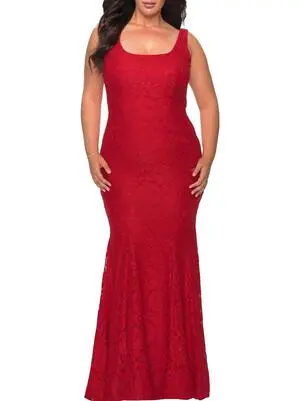 La Femme Stretch Lace Gown With Beading - Red
