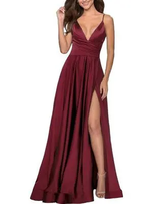 LABOMME Long Satin Dress With Slit - Wine