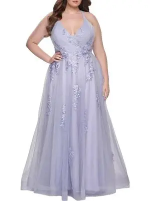 LABOMME A-line Gown With Floral Embroidery - Light Periwinkle
