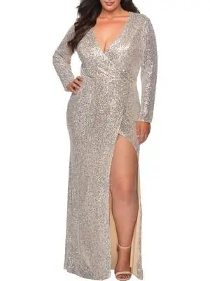 La Femme Long Sleeve Sequin Gown With Slit - Silver