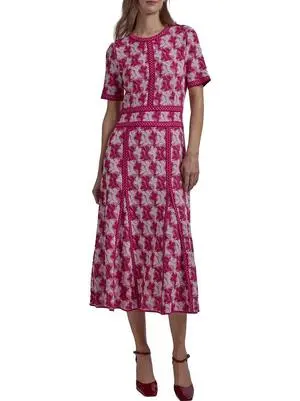 Misook Printed A-line Midi Dress - Pink Flash/white