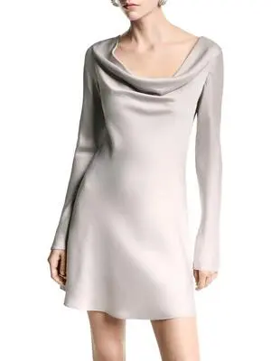 Mango Draped Neck Long Sleeve Satin Mini Dress - Silver