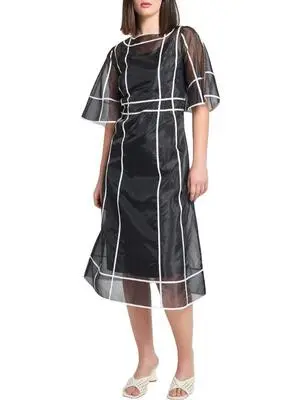 Ming Wang Modern Fit Organza Contrast Stripe A-line Midi Dress - Black/ White