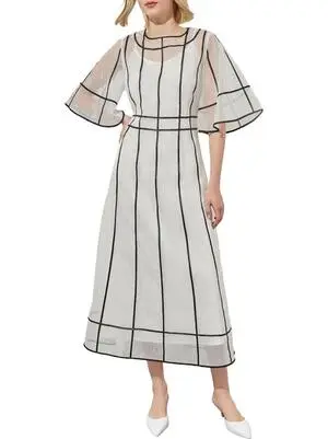 Ming Wang Modern Fit Organza Contrast Stripe A-line Midi Dress - White/ Black