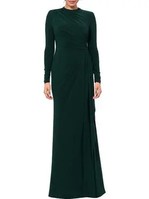 Betsy & Adam Side Ruffle Long Sleeve Gown - Forest