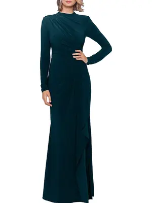 Betsy & Adam Betsy & Adam Side Ruffle Long Sleeve Gown Pine