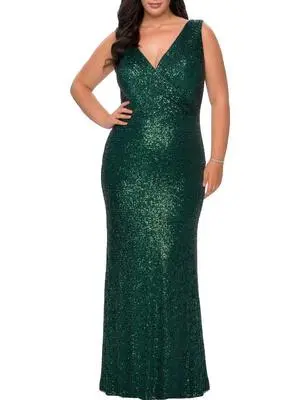 La Femme Long Sequin Gown - Emerald