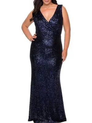 La Femme Long Sequin Gown - Navy