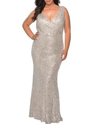 La Femme Long Sequin Gown - Silver