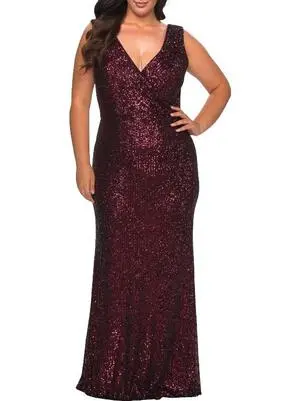 La Femme Long Sequin Gown - Wine