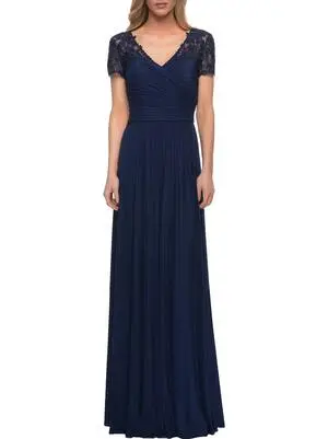 La Femme Jersey Evening Dress With Lace Sleeves - Navy