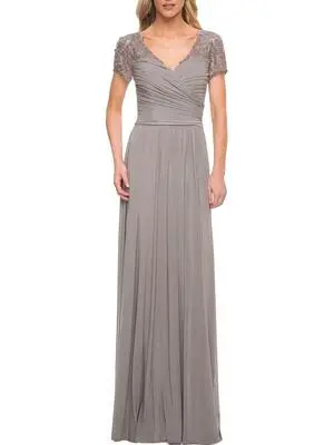 La Femme Jersey Evening Dress With Lace Sleeves - Silver