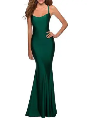 La Femme La Femme Form Fitting Gown With Lace-Up Back Emerald