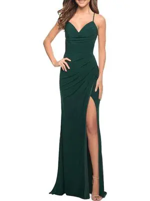 La Femme Net Jersey Gown With Lace-up Back - Emerald