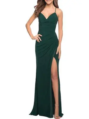 La Femme La Femme Net Jersey Gown With Lace-Up Back Emerald