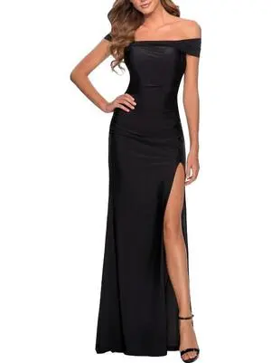 La Femme Off-the-shoulder Gown With Tie Back And Slit - Black