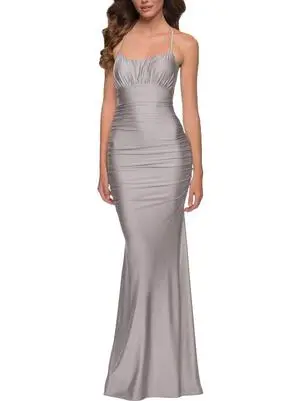 La Femme Jersey Gown With Criss-cross Back - Silver