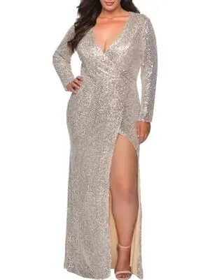 LABOMME Long Sleeve Sequin Dress With Slit - Silver