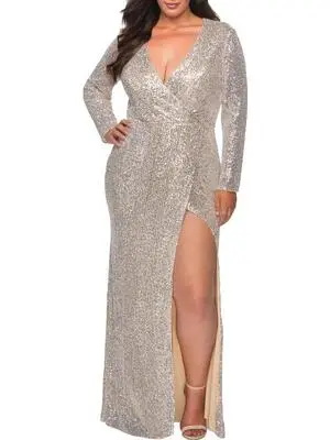 La Femme Long Sleeve Sequin Dress With Slit - Silver