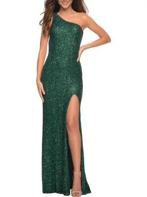 La Femme One Shoulder Sequined Gown With Slit - Emerald