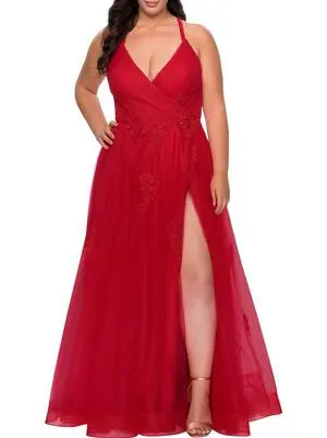La Femme A-line Tulle Gown With Floral Detailing - Red