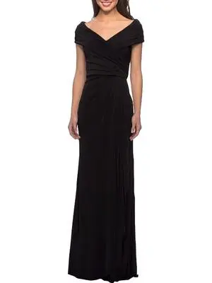 La Femme Ruched Jersey Long Gown With V-neckline - Black