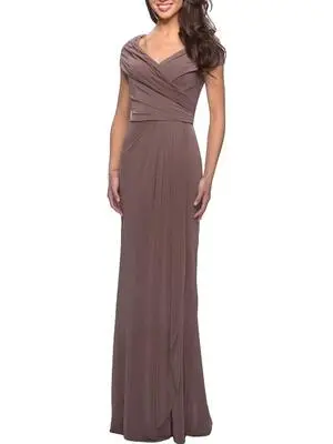 La Femme Ruched Jersey Long Gown With V-neckline - Cocoa